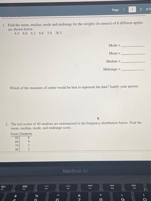 Solved Page of 2 1. Find the mean, median, mode and midrange | Chegg.com