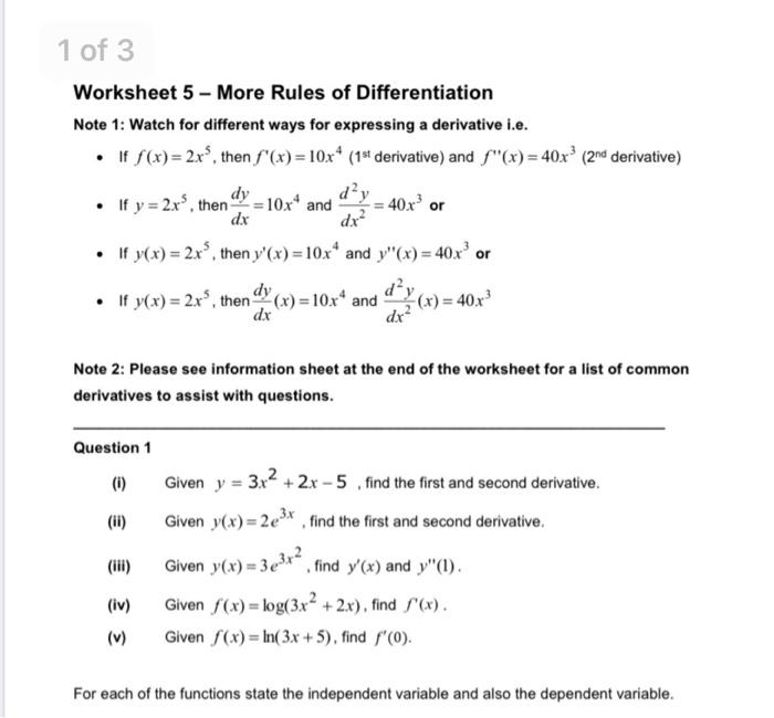 Solved 1 of 3 Worksheet 5 - More Rules of Differentiation | Chegg.com