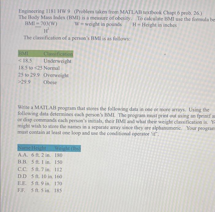 Solved Engineering 1181 HW 9 (Problem taken from MATLAB | Chegg.com