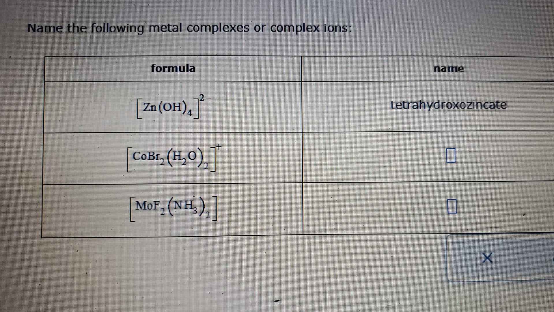 Solved Name the following metal complexes or complex ions: | Chegg.com