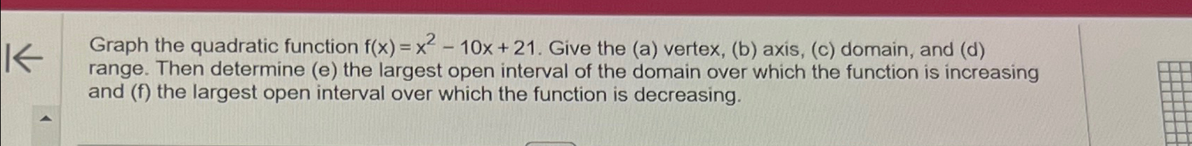 Solved Graph the quadratic function f(x)=x2-10x+21. ﻿Give | Chegg.com