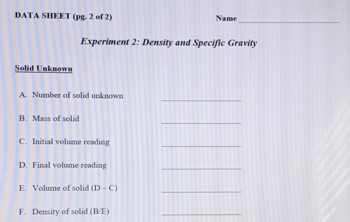 nsity and Specific Gravity DATA SHEET (pg. 1 of 2) | Chegg.com