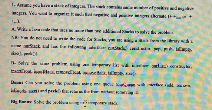 Solved 1- Assume you have a stack of integers. The stack | Chegg.com