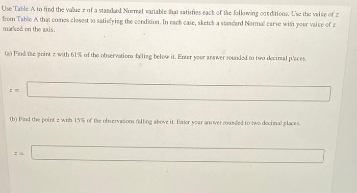 Solved Use Table A to find the value z of a standard Normal | Chegg.com