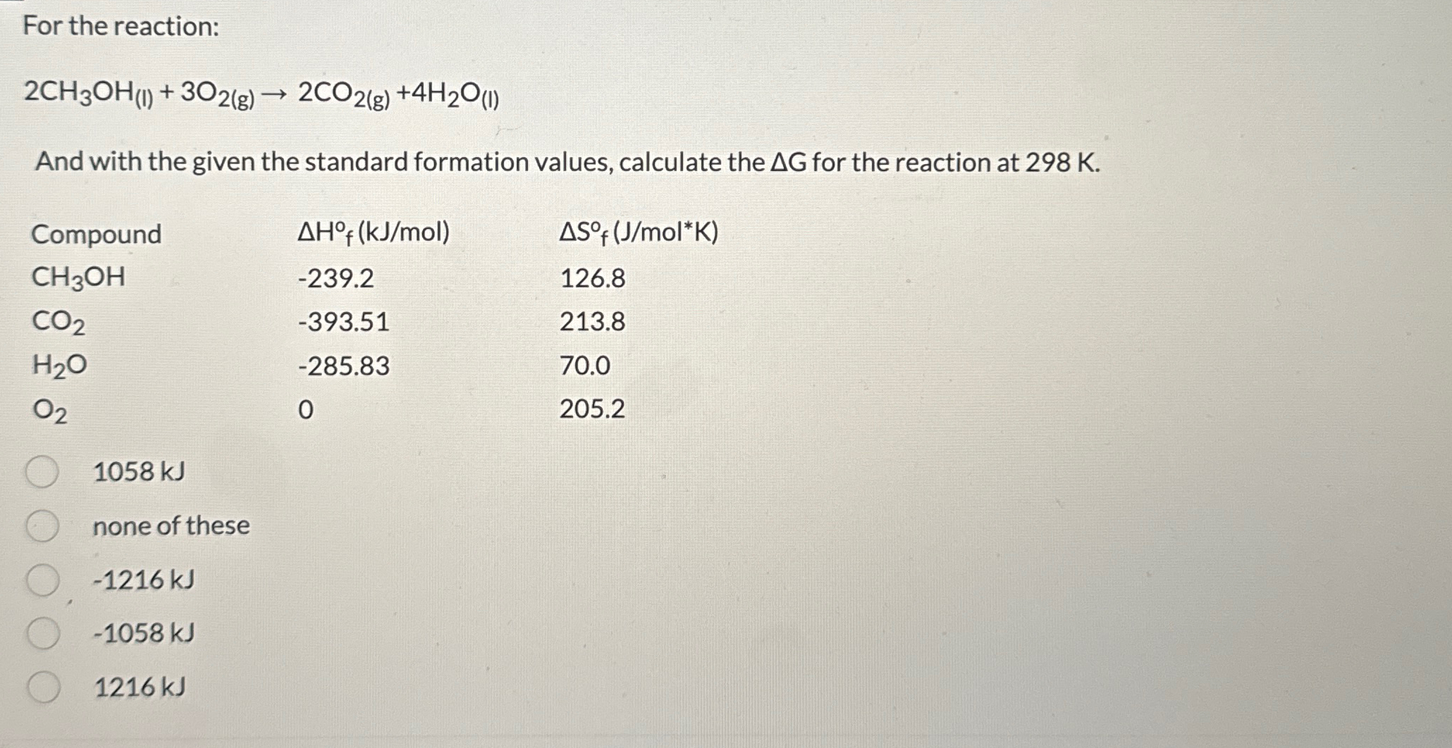 Solved For the reaction:2CH3OH(l)+3O2(g)→2CO2(g)+4H2O(l)And | Chegg.com
