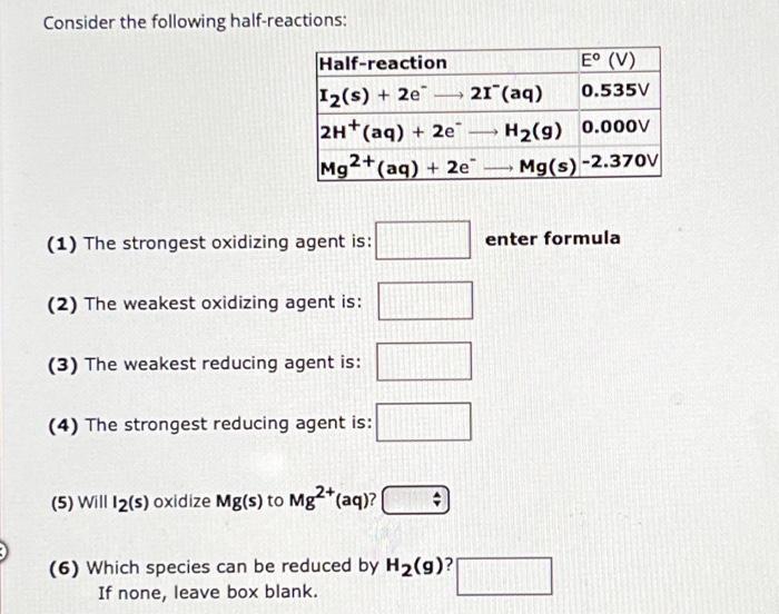Solved Consider the following half-reactions: Half-reaction | Chegg.com