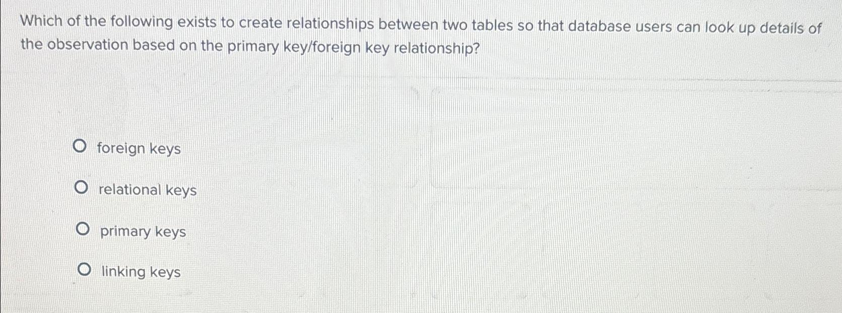 Solved Which of the following exists to create relationships | Chegg.com