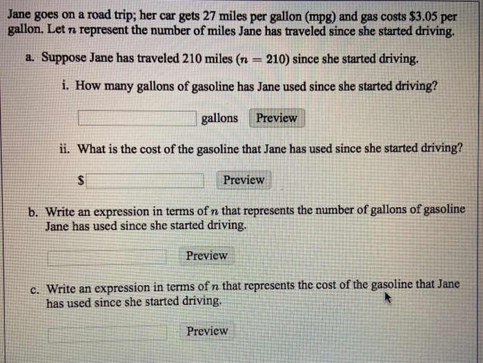 Solved Jane goes on a road trip; her car gets 27 miles per | Chegg.com