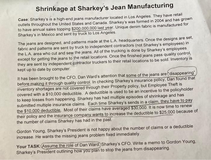 Shrinkage at Sharkey's Jean Manufacturing Case: | Chegg.com