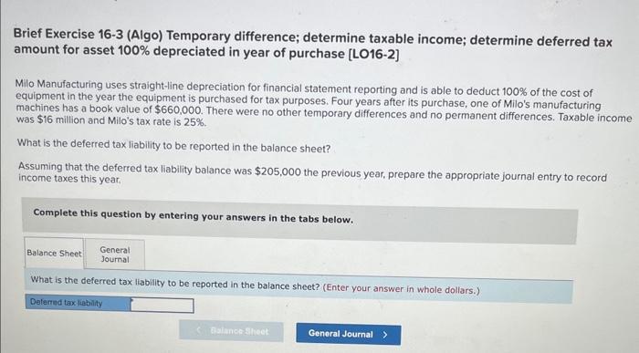 Solved Brief Exercise 16-3 (Algo) Temporary difference; | Chegg.com