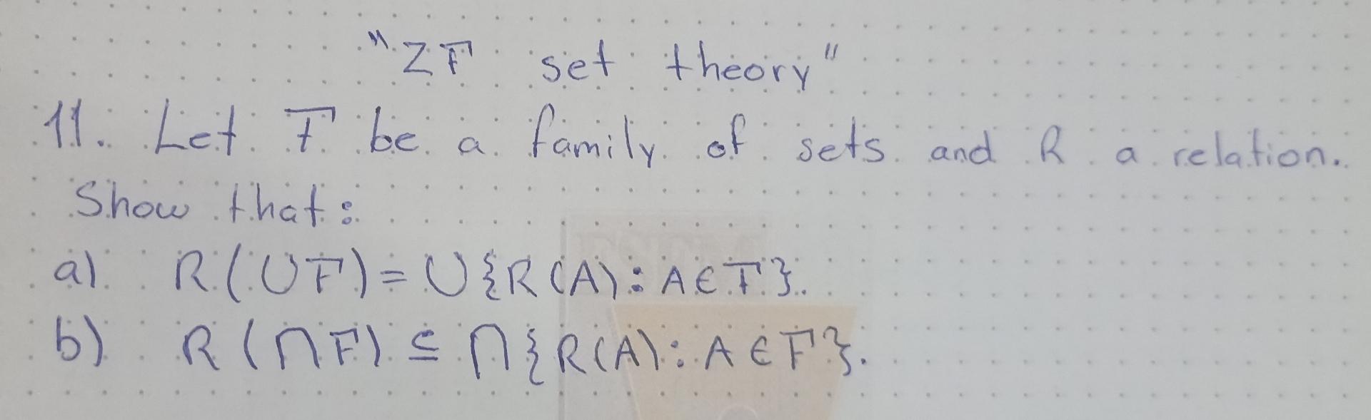 Solved "ZF set theory"11. ﻿Let F ﻿be a family of sets and R | Chegg.com