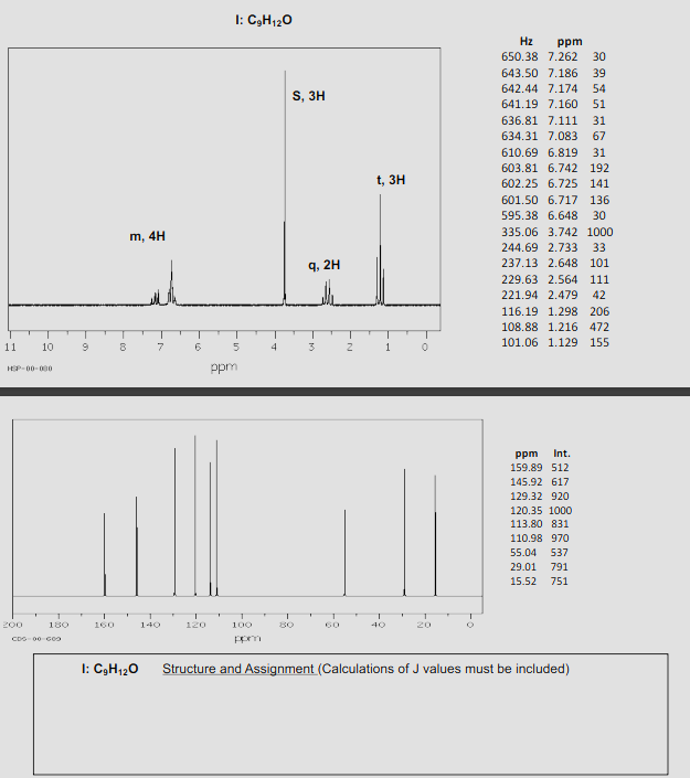 Solved I: C9H12O, ﻿Structure and Assignment (Calculations of | Chegg.com