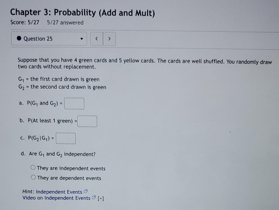 Solved Chapter 3: Probability (Add and Mult) Score: 5/27 | Chegg.com