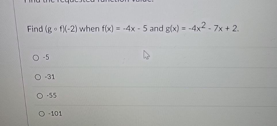 Solved Find (g@f)(-2) ﻿when f(x)=-4x-5 ﻿and | Chegg.com