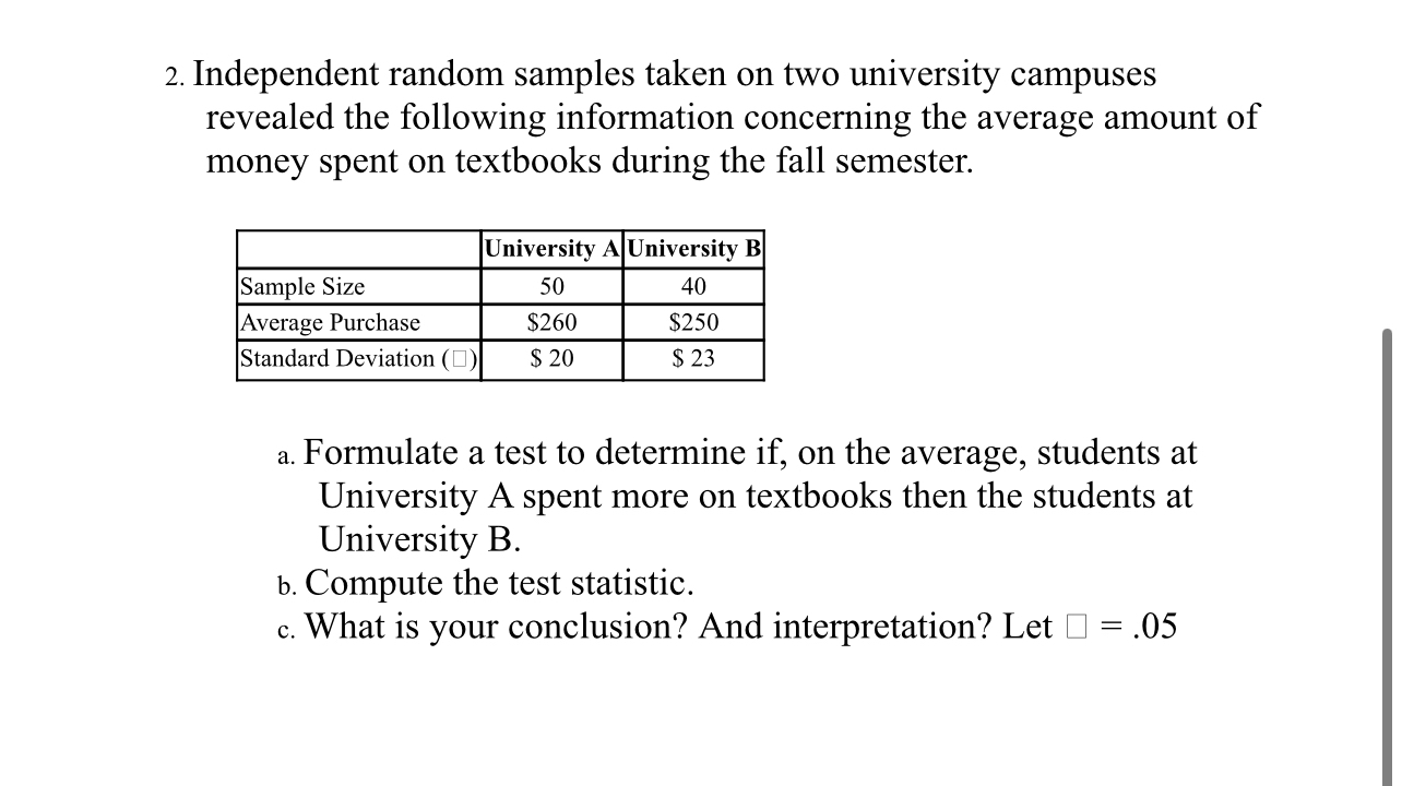 Solved Independent random samples taken on two university | Chegg.com