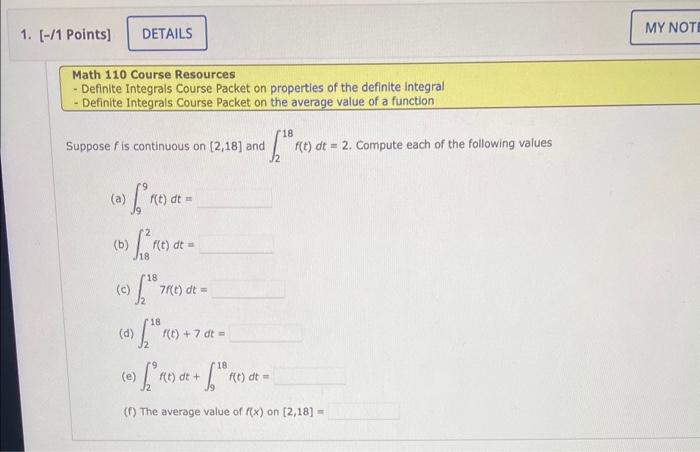 Solved Math 110 Course Resources - Definite Integrals Course | Chegg.com