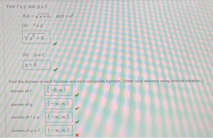 Solved Find fog and gof. f(x) = Vx+6, g(x) = x2 (a) fog √² | Chegg.com