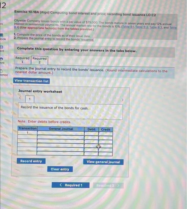 Solved 12 N ts Exercise 10-18A (Algo) Computing bond | Chegg.com