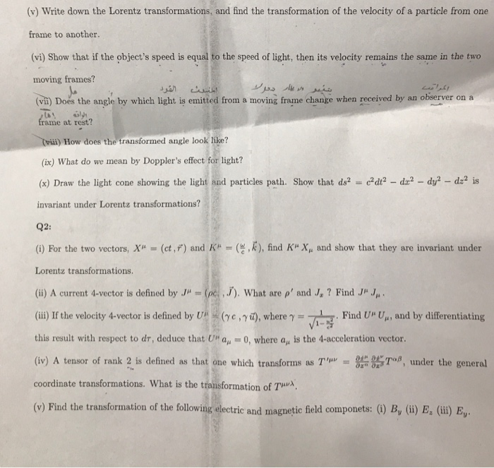 Solved (v) Write down the Lorentz transformations, and find | Chegg.com