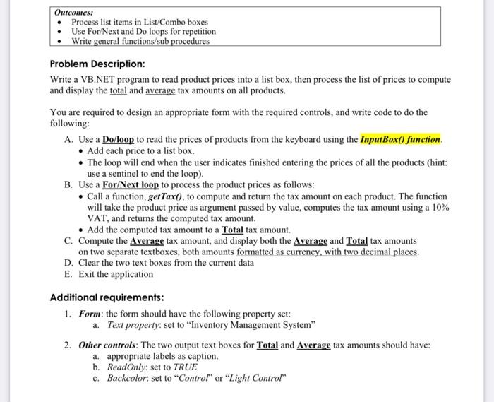 Solved Outcomes: Process list items in List/Combo boxes Use | Chegg.com