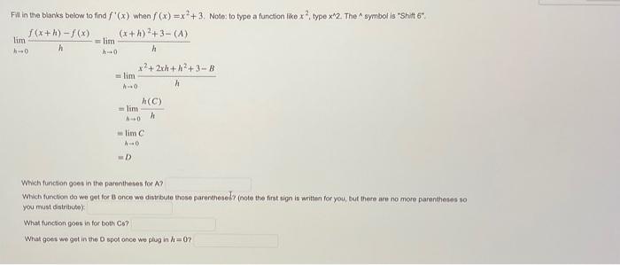 Solved Ful in the blanks below to find f′(x) when f(x)=x2+3. | Chegg.com