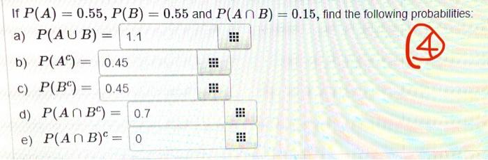 Solved If P(A) = 0.55, P(B) = 0.55 and P(ANB) = 0.15, find | Chegg.com
