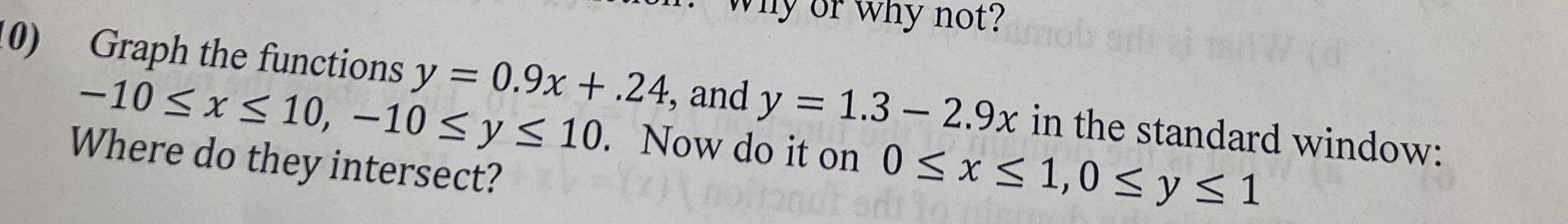 Solved (0) ﻿Graph the functions y=0.9x+.24, ﻿and y=1.3-2.9x | Chegg.com