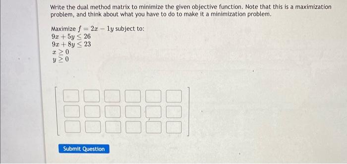 Solved Write the dual method matrix to minimize the given | Chegg.com