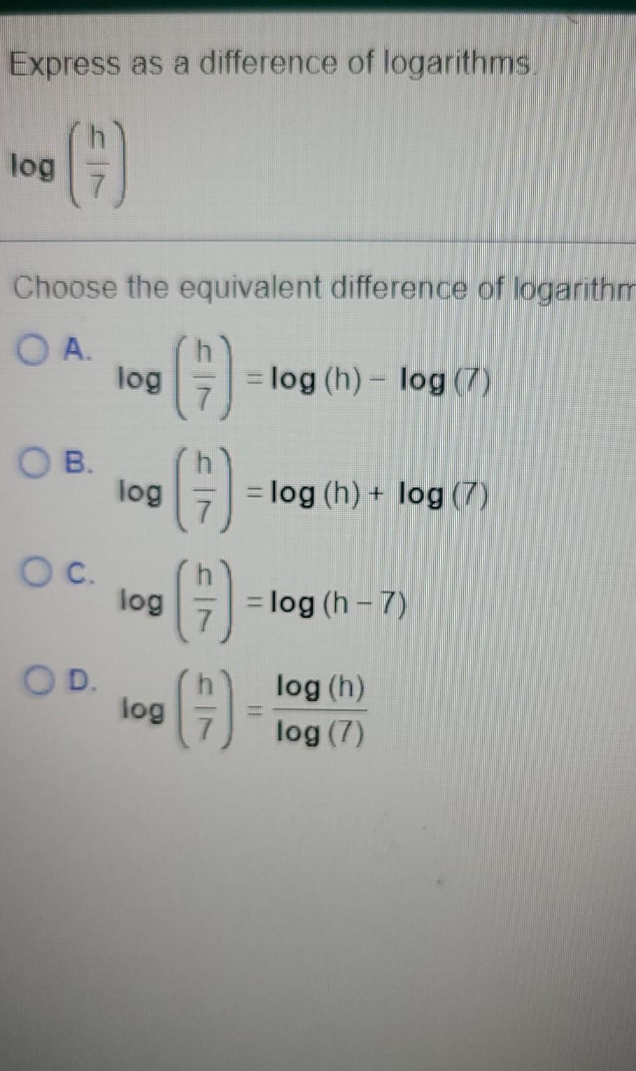 Solved Express as a difference of logarithms log • (9 Choose | Chegg.com