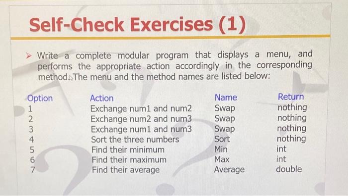 Solved Self-Check Exercises (1) - Write a complete modular | Chegg.com