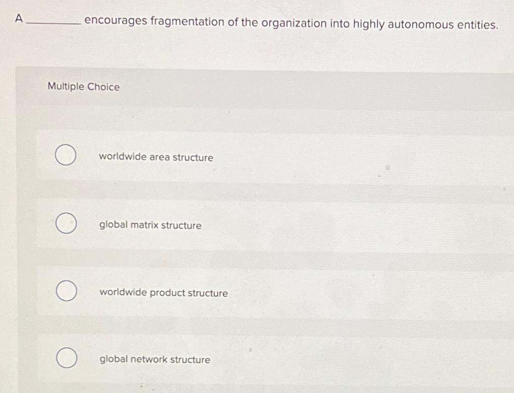 Solved A encourages fragmentation of the organization into | Chegg.com
