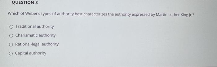 Solved QUESTION 8 Which of Weber's types of authority best | Chegg.com