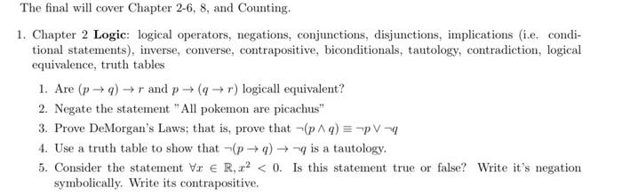 Solved The final will cover Chapter 2−6,8, and Counting. 1. | Chegg.com