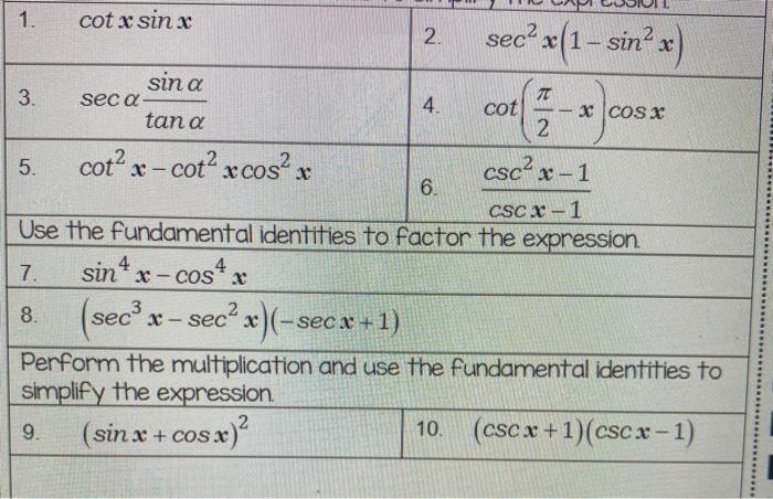 Solved 1. cot x sinx 2. sec? x(1-sin? x) sin a 5 7 3. seca | Chegg.com