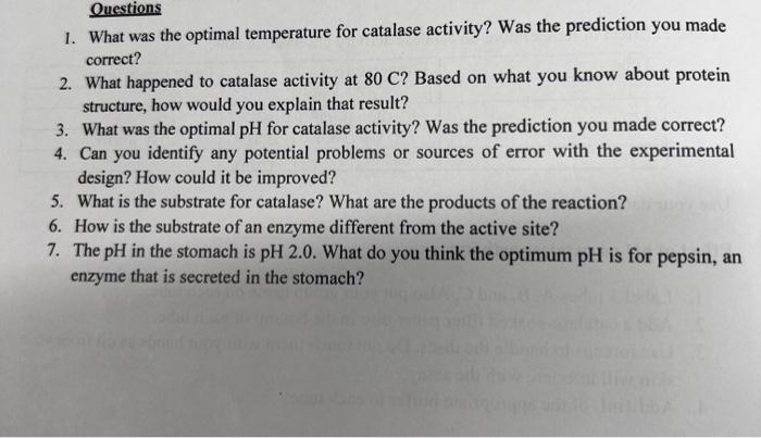 Solved 1. What was the optimal temperature for catalase | Chegg.com