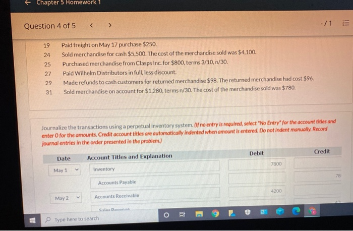 Solved + Chapter 5 Homework 1 -/1 Question 5 of 5 Prepare an | Chegg.com