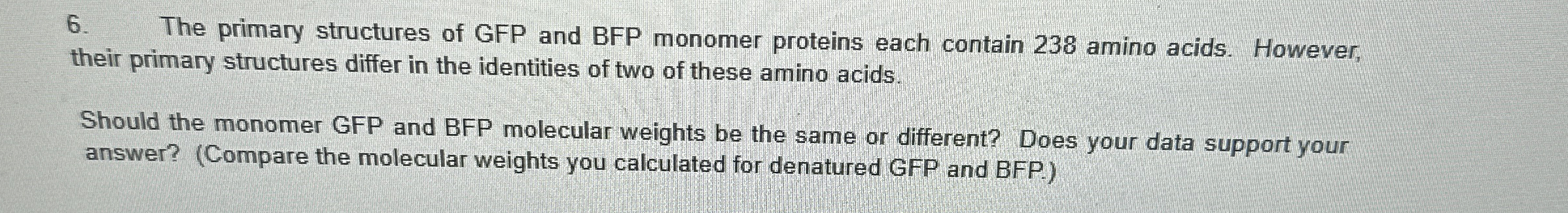 Solved The Primary Structures Of Gfp And Bfp Monomer