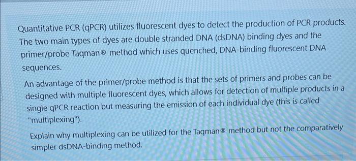 Solved Quantitative PCR (qPCR) utilizes fluorescent dyes to | Chegg.com