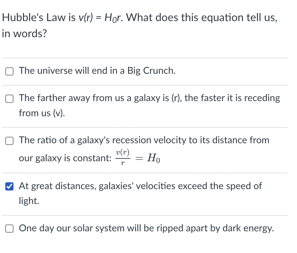Solved Hubble's Law is v(r)=H0r. ﻿What does this equation | Chegg.com