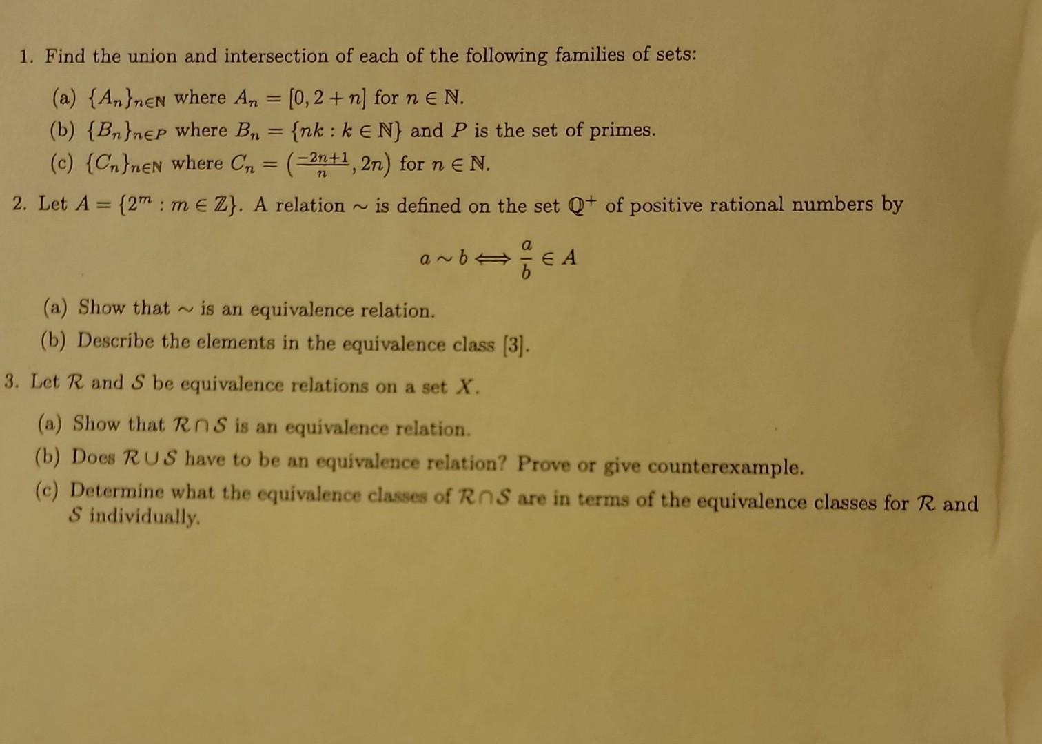 Solved 1. Find the union and intersection of each of the | Chegg.com