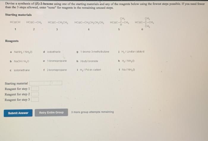Solved Devise a synthesis of (Z)-2-hexene using one of the | Chegg.com