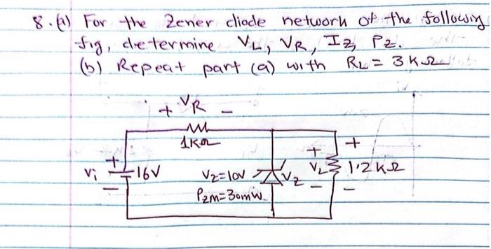 Solved 8. (a) For the Zener diode network of the following | Chegg.com