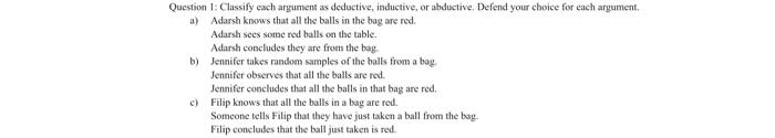 Question 1: Classify cach argument as deductive, | Chegg.com