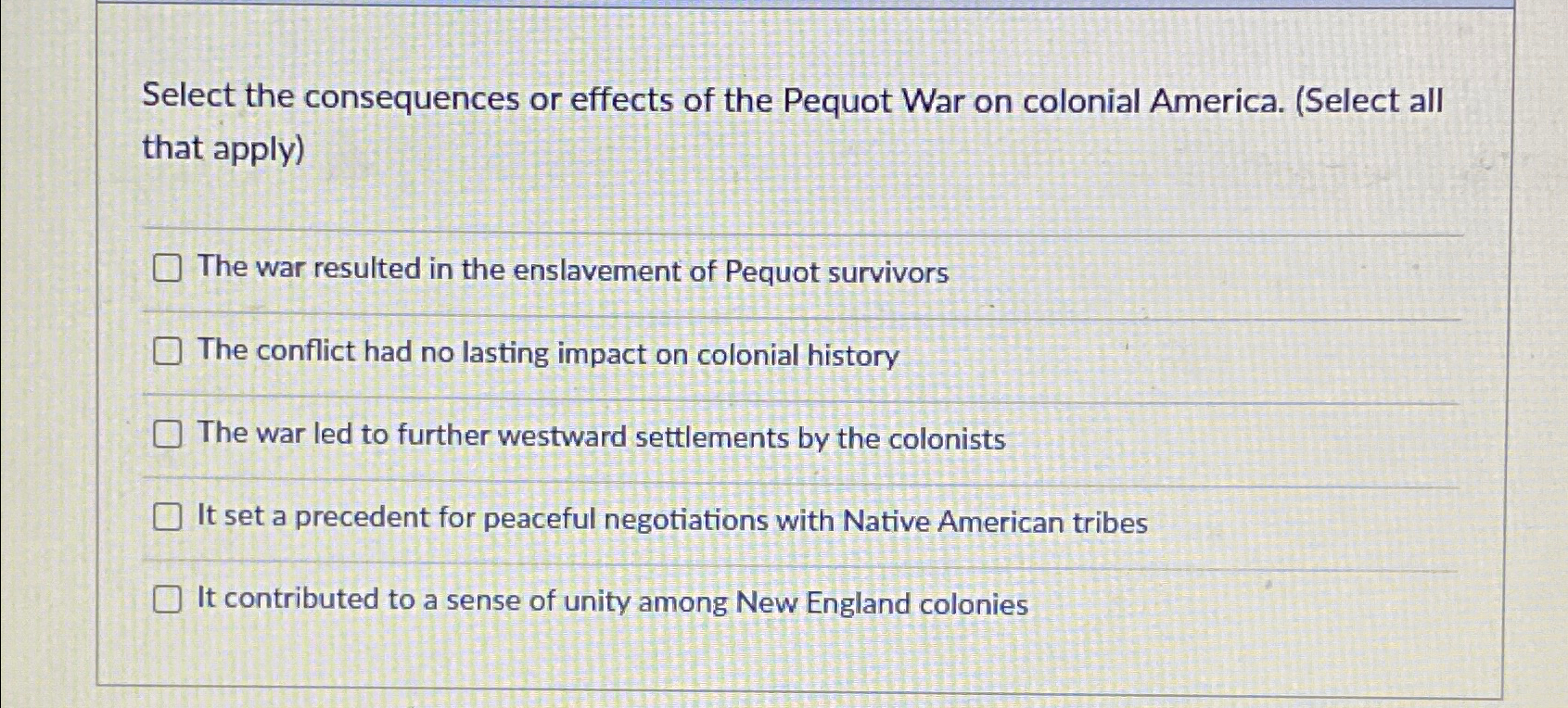 Solved Select the consequences or effects of the Pequot War | Chegg.com