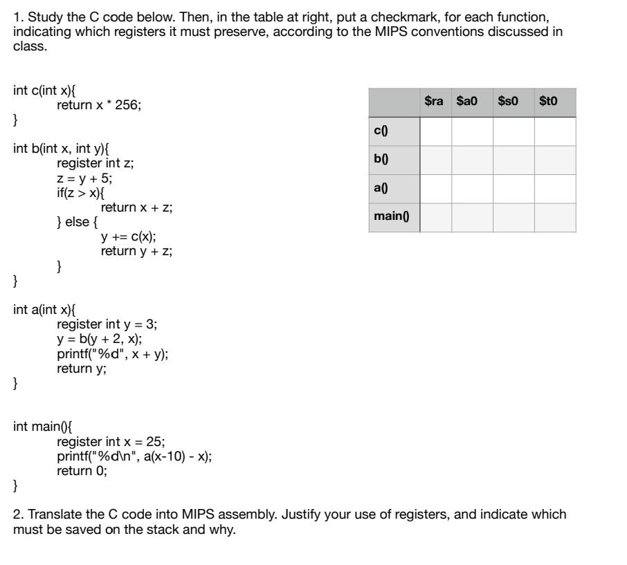 Solved 1. Study the C code below. Then, in the table at | Chegg.com