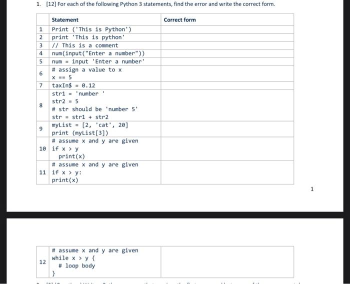 Solved 1. [12] For each of the following Python 3 | Chegg.com