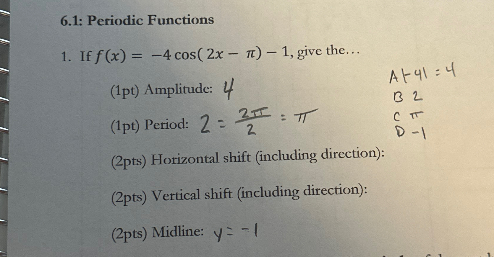 Solved 6.1: Periodic FunctionsIf f(x)=-4cos(2x-π)-1, ﻿give | Chegg.com