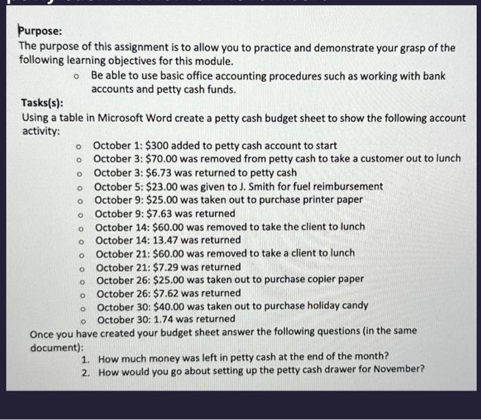 Solved Purpose: The purpose of this assignment is to allow | Chegg.com