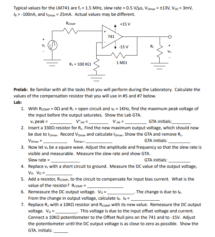 Solved Typical values for the LM741 ﻿are ft=1.5MHz, ﻿slew | Chegg.com