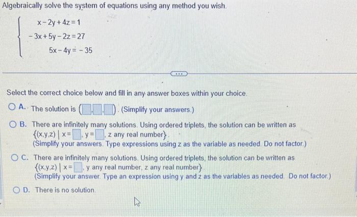 Solved Algebraically solve the system of equations using any | Chegg.com